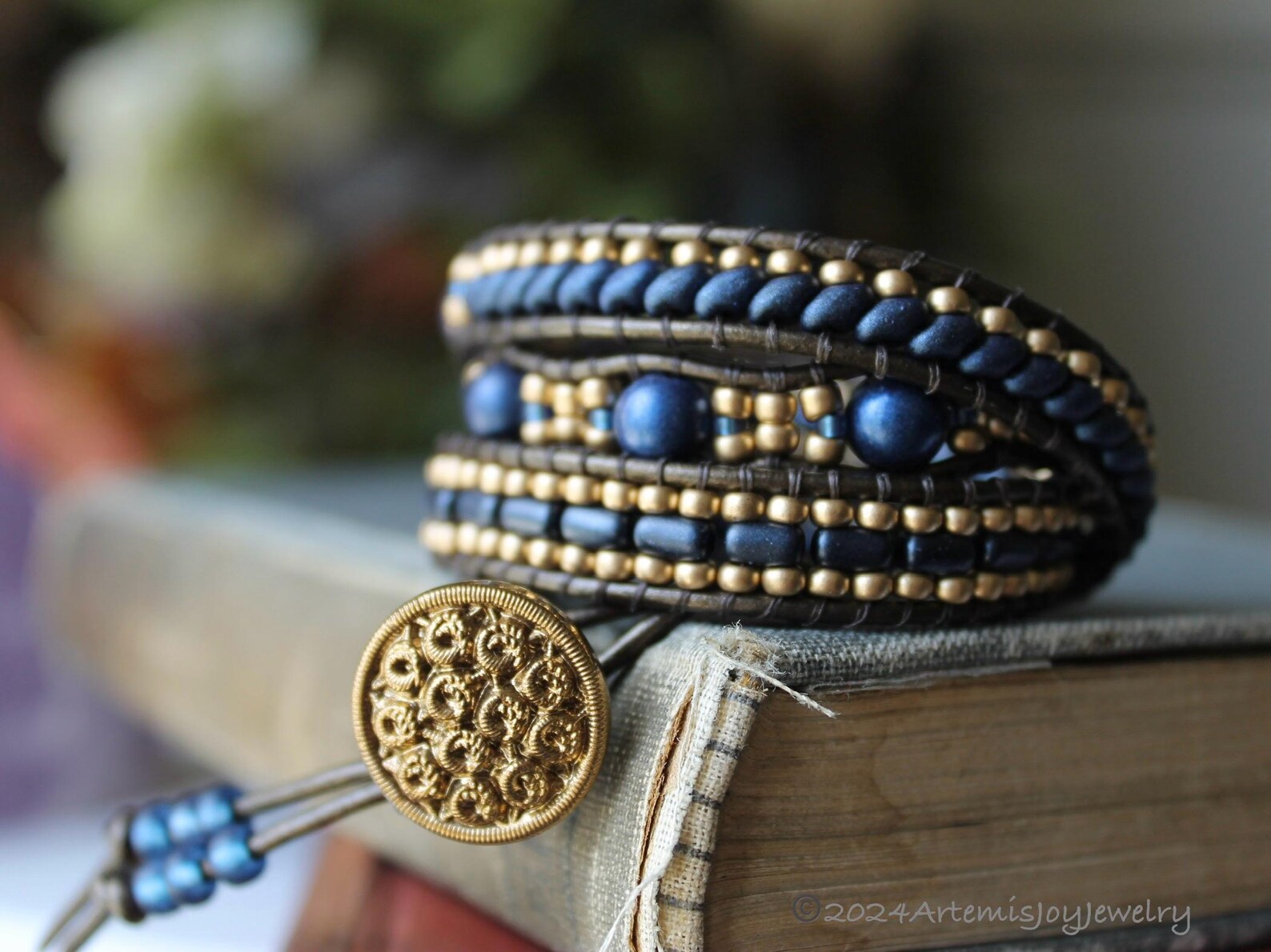 Navy Blue and Gold, Triple Wrap Beaded Leather Bracelet for Women ...