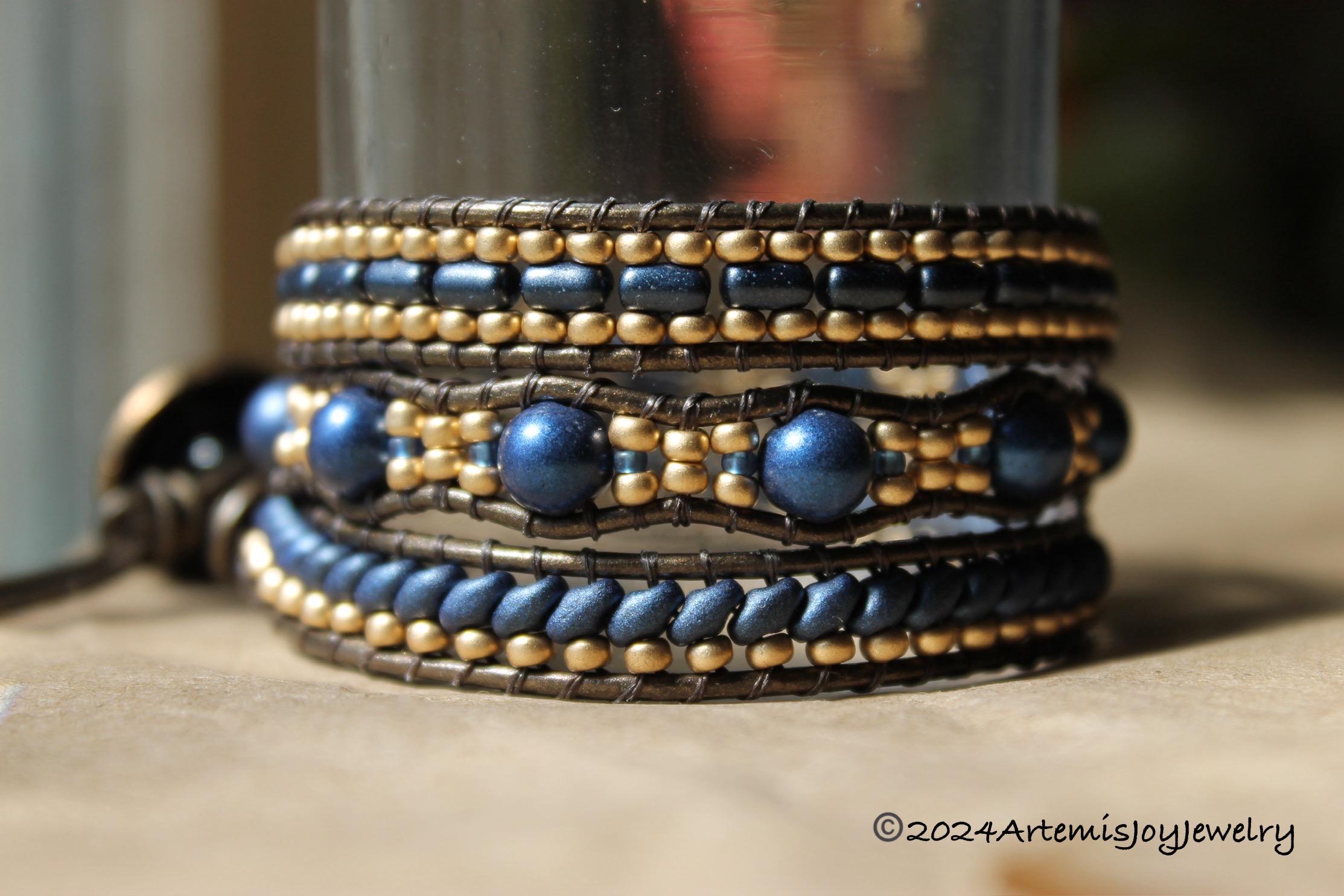 Navy Blue and Gold, Triple Wrap Beaded Leather Bracelet for Women ...