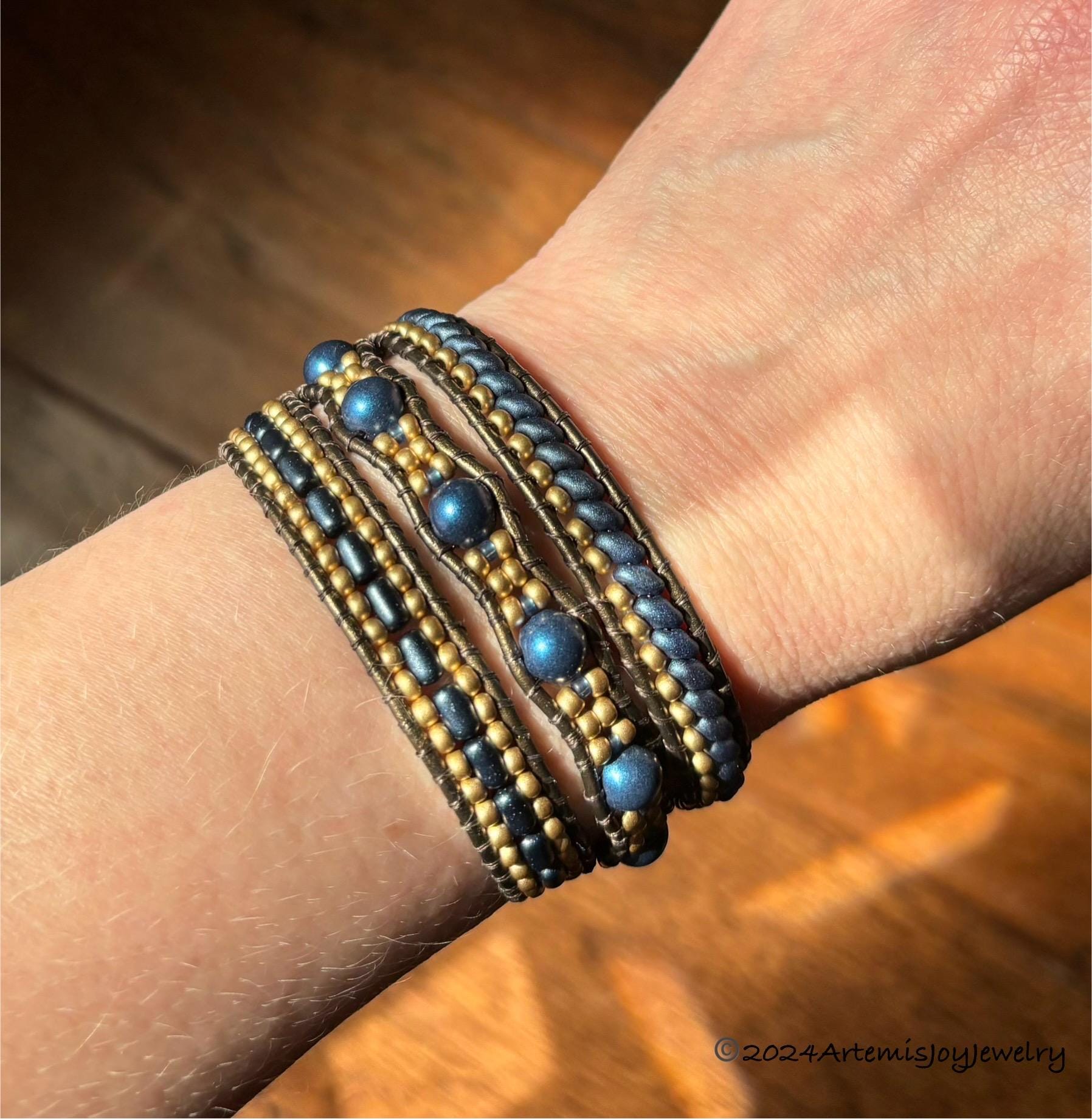 Navy Blue and Gold, Triple Wrap Beaded Leather Bracelet for Women ...