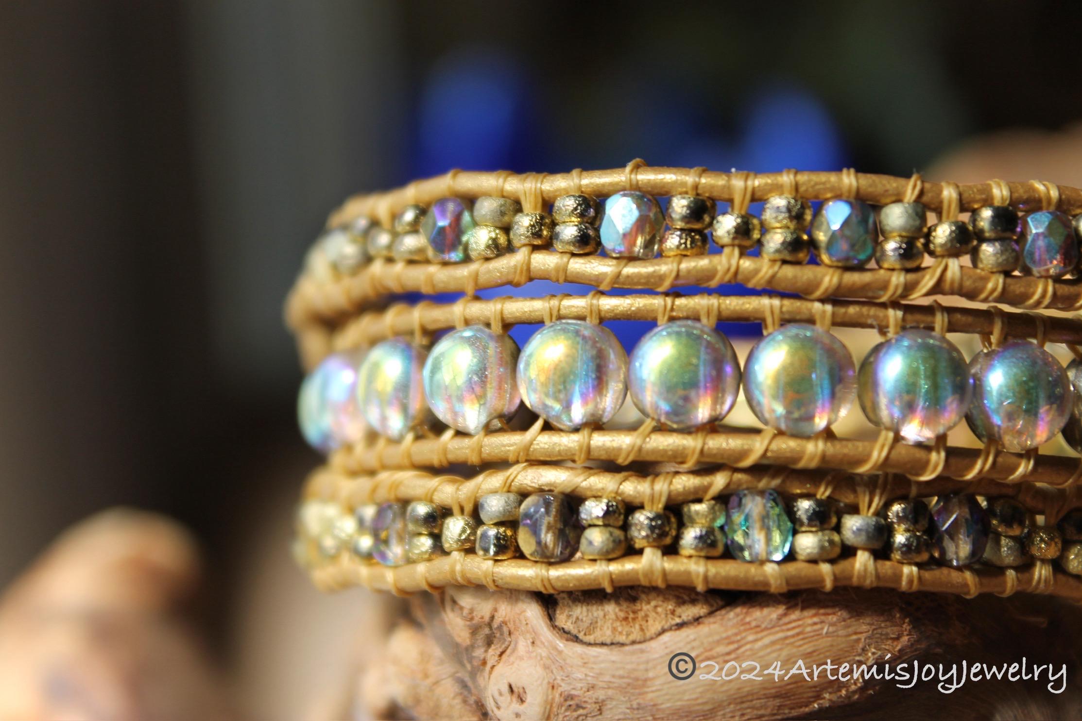 In Stock, Golden Iridescent, Triple Wrap Beaded Leather Bracelet for ...