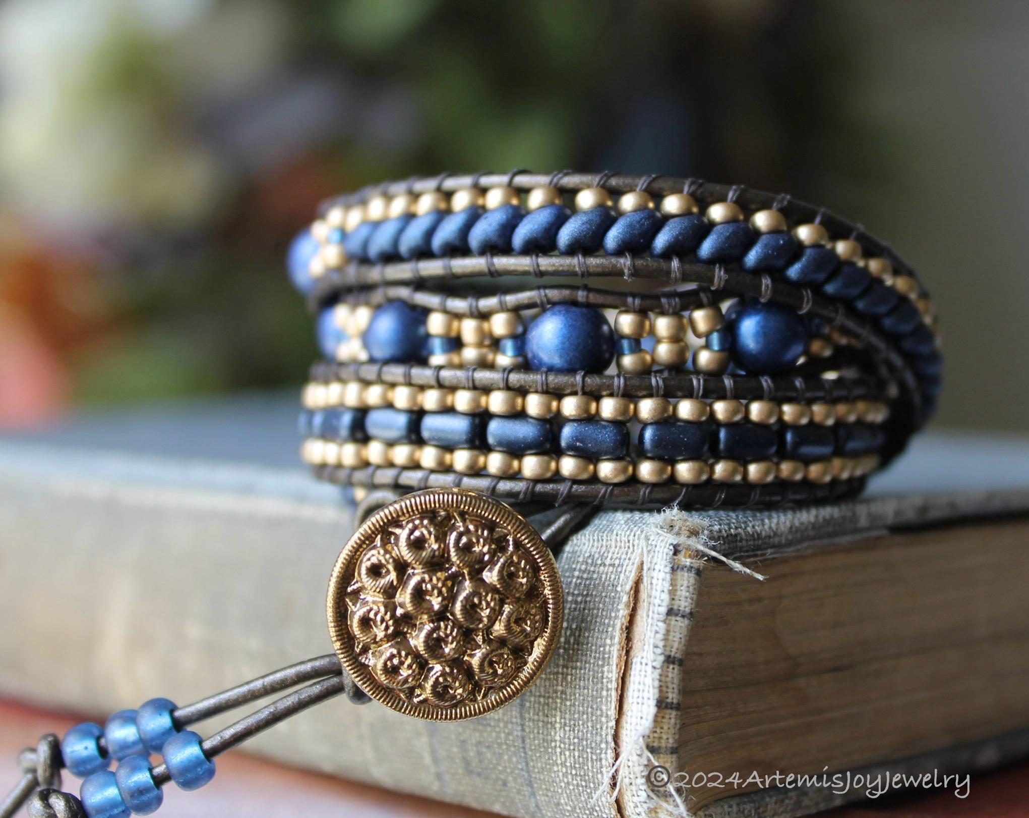 Navy Blue and Gold, Triple Wrap Beaded Leather Bracelet for Women ...