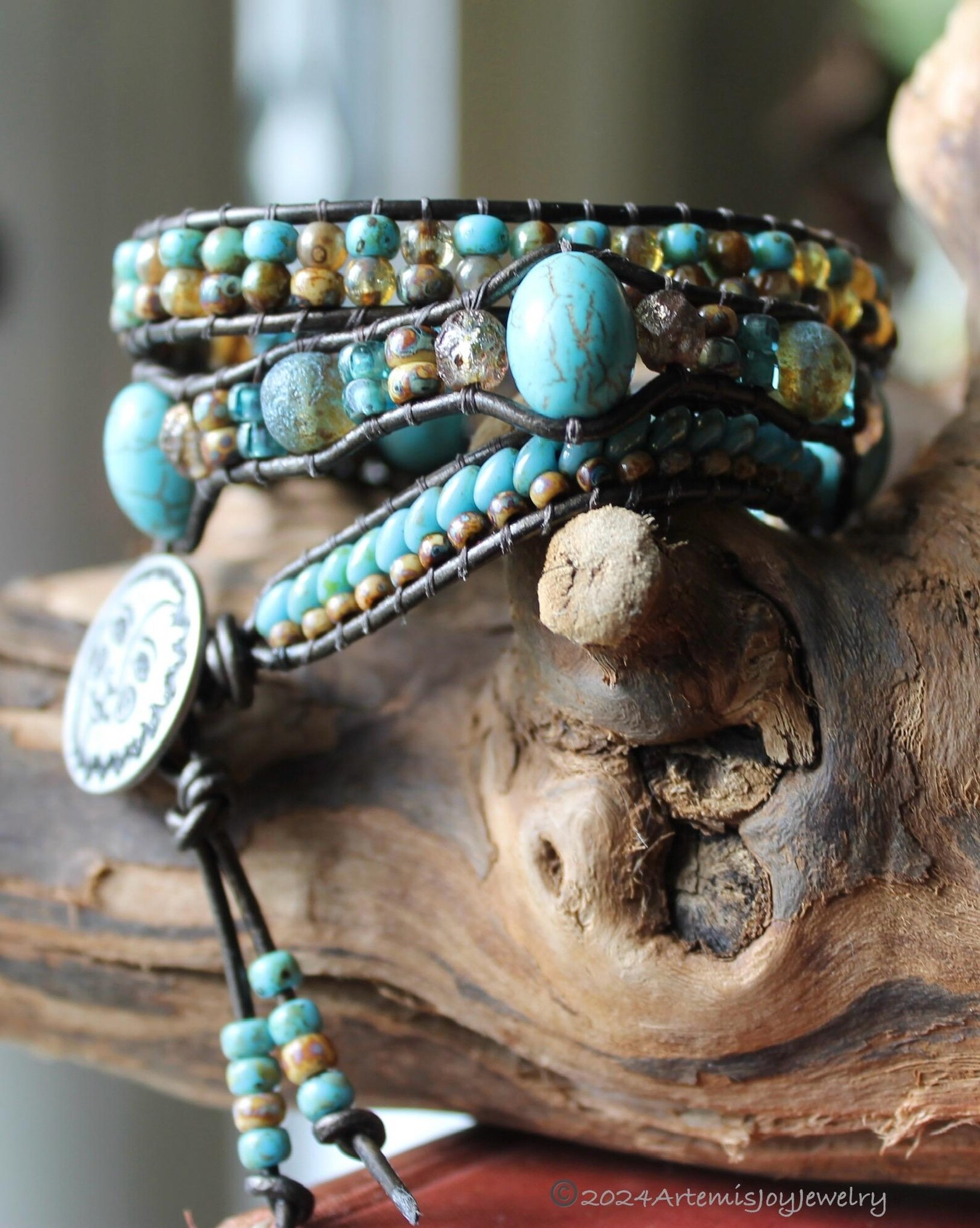 In Stock, Turquoise Howlite, Triple Wrap Beaded Leather Bracelet for ...
