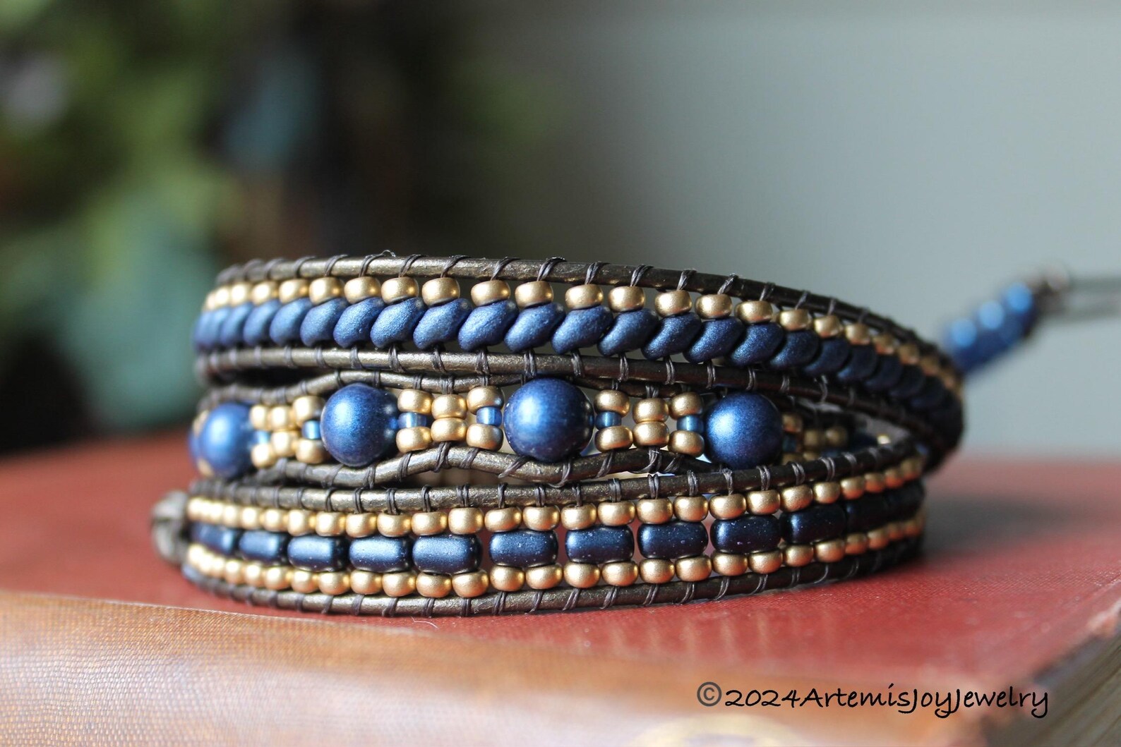 Navy Blue and Gold, Triple Wrap Beaded Leather Bracelet for Women ...