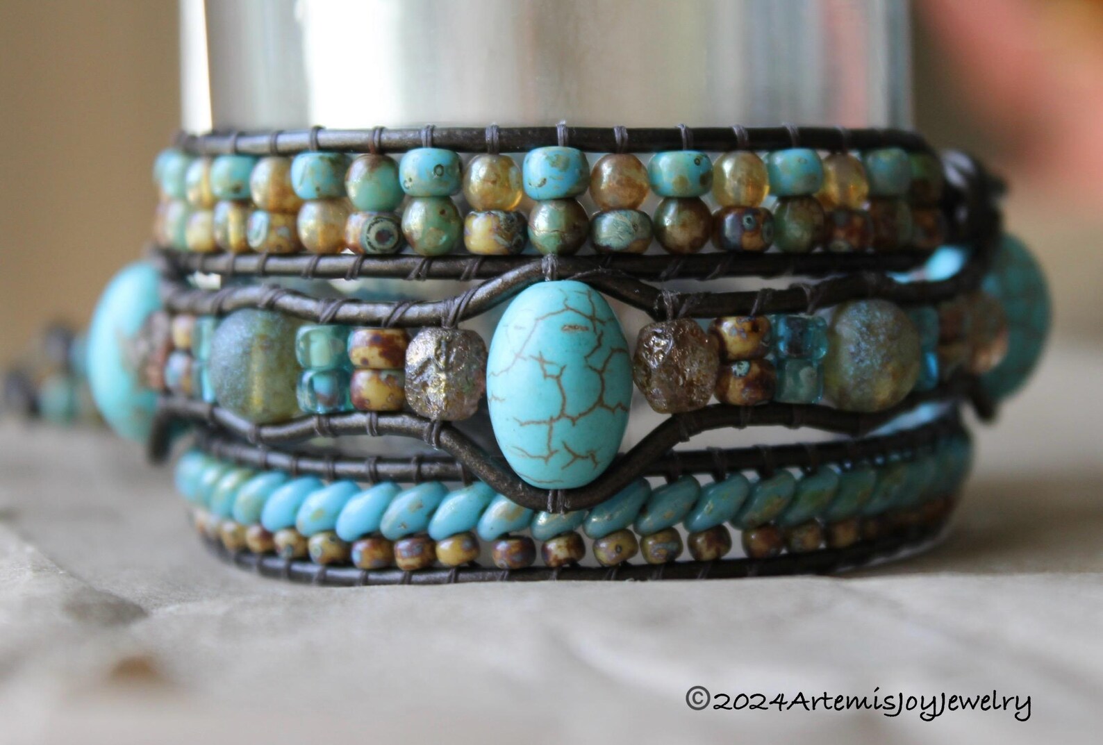 In Stock, Turquoise Howlite, Triple Wrap Beaded Leather Bracelet for ...