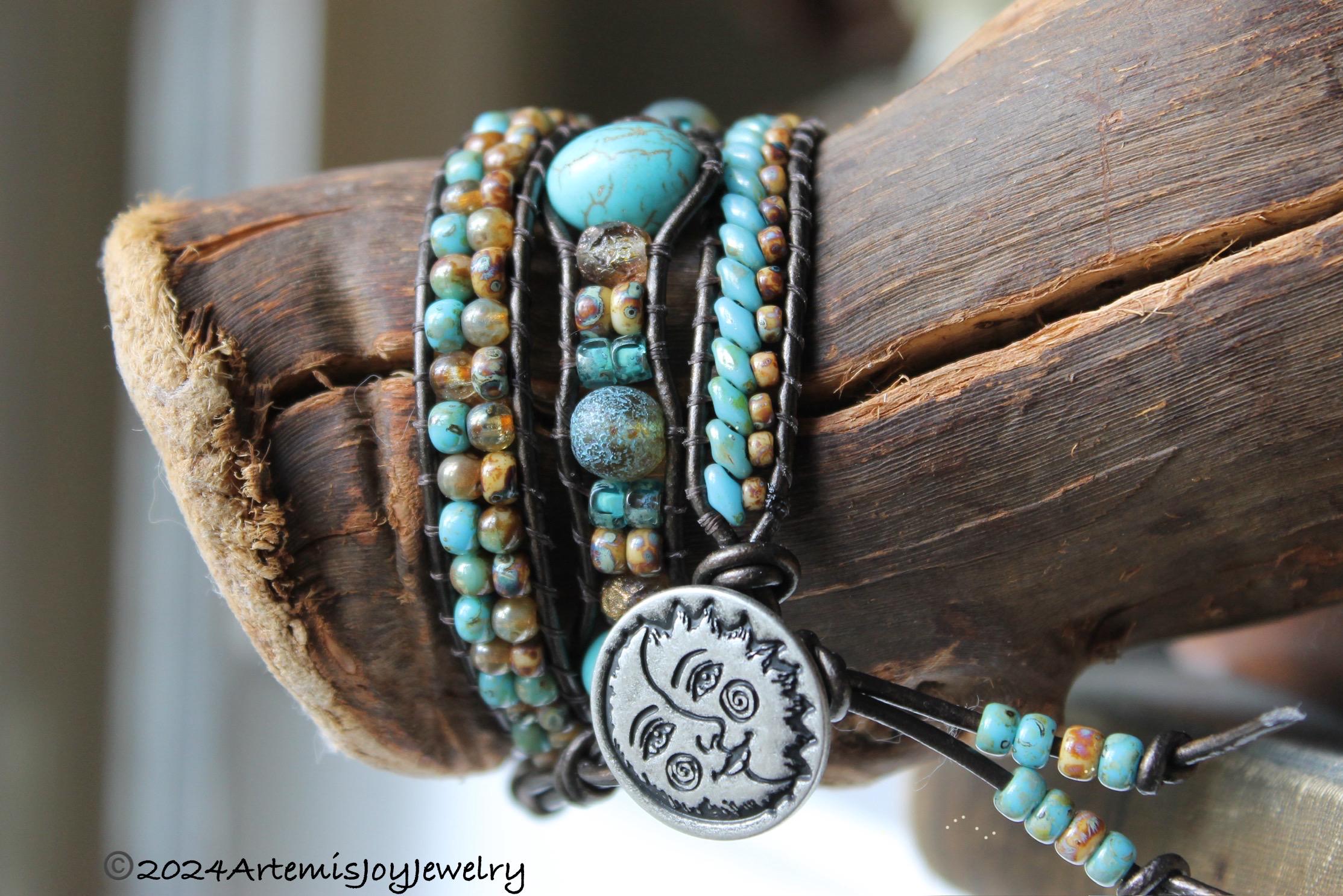 In Stock, Turquoise Howlite, Triple Wrap Beaded Leather Bracelet for ...