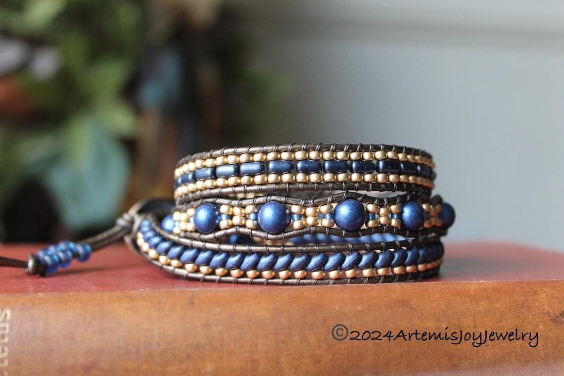 Navy Blue and Gold, Triple Wrap Beaded Leather Bracelet for Women ...