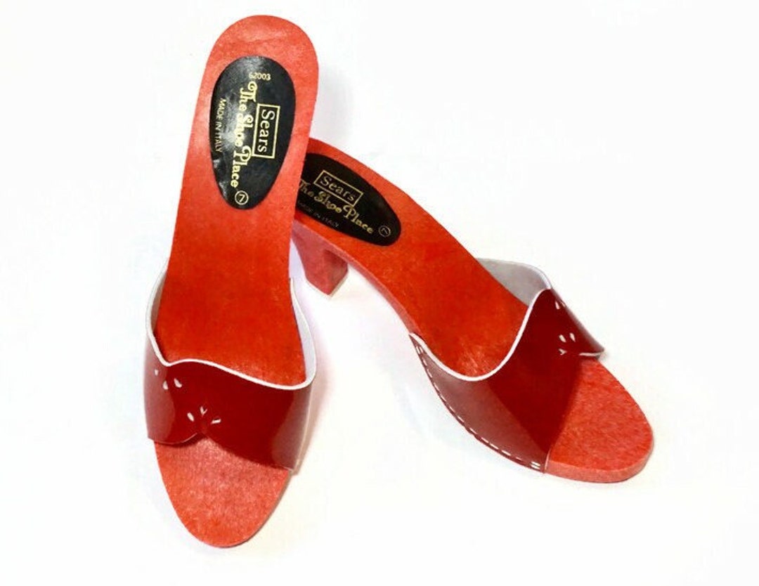 Vintage Sears Red Patent Leather Open Toe Slip on High Heel Mules With ...