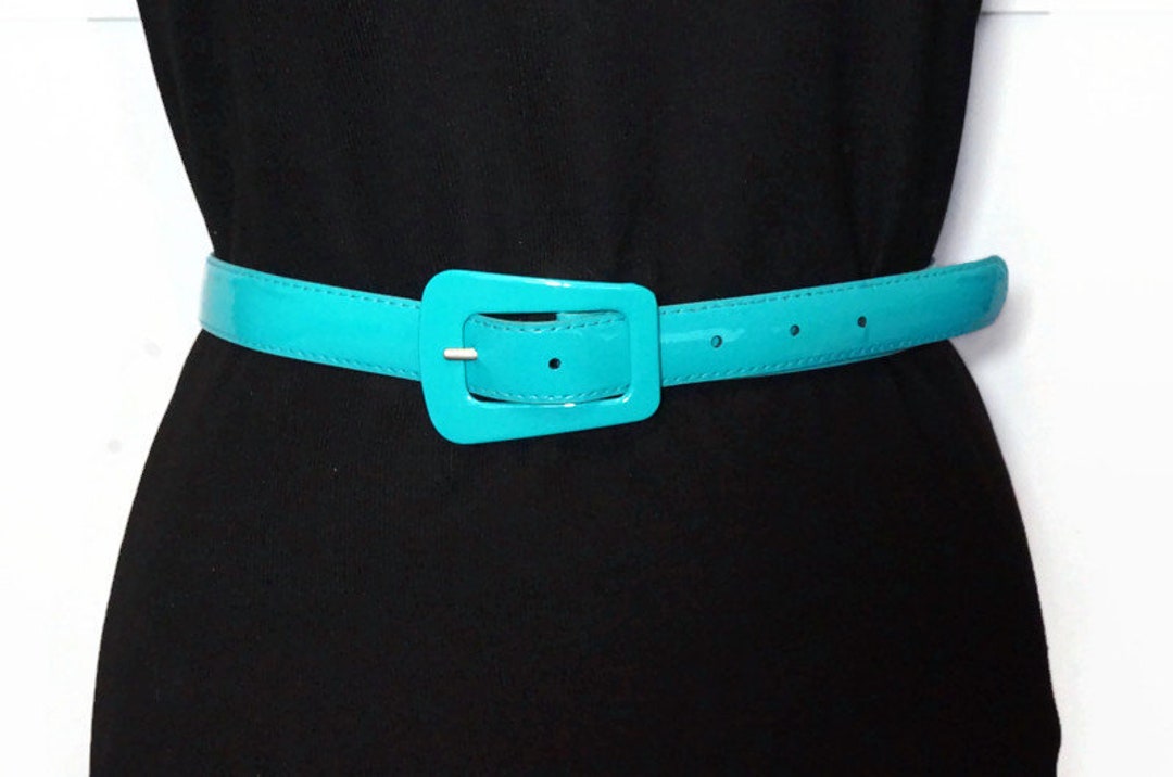 Vintage ASTOR Turquoise Faux Patent Leather Belt Wet Look Teal Vinyl ...