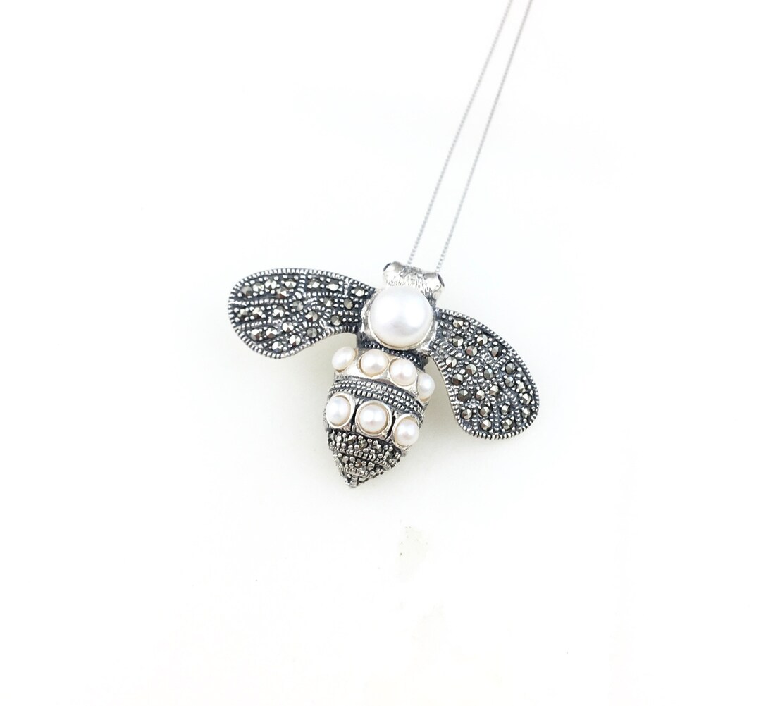 Vintage 925 Sterling Silver Marcasite Deco Pearl Bee Insect Pendant ...