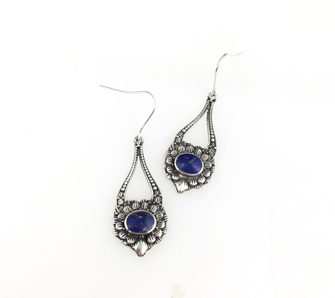 Vintage 925 Sterling Silver Bali Floral Flower Blue Lapis Dangle