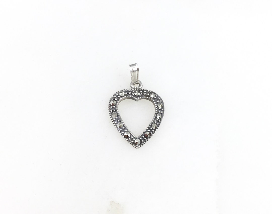 Vintage 925 Deco Sterling Silver Marcasite Heart Pendant Necklace - Etsy