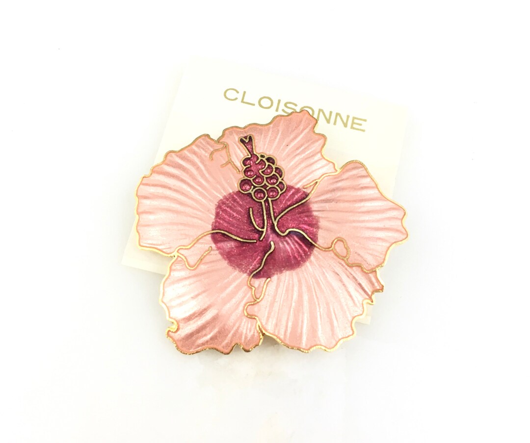 Vintage Cloisonne Gold Tone Enamel Pink Hibiscus Floral Flower Brooch ...