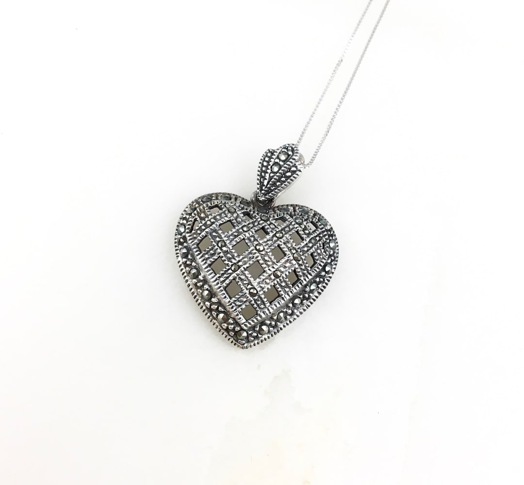 Vintage 925 Deco Sterling Silver Marcasite Heart Pendant Necklace - Etsy