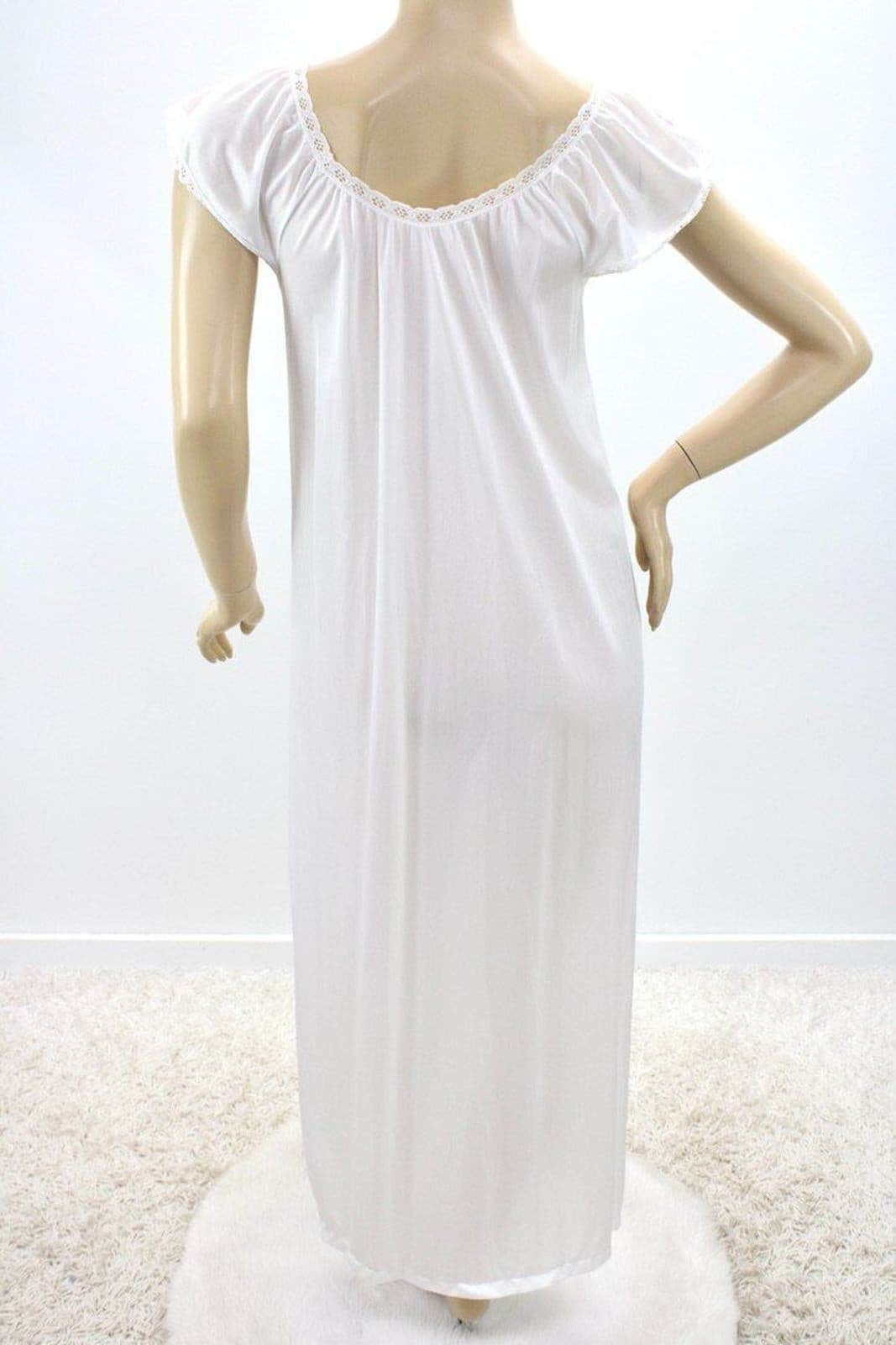 Vintage Movie Star Long Nightgown M White Embroidered Pink Flowers Lace ...