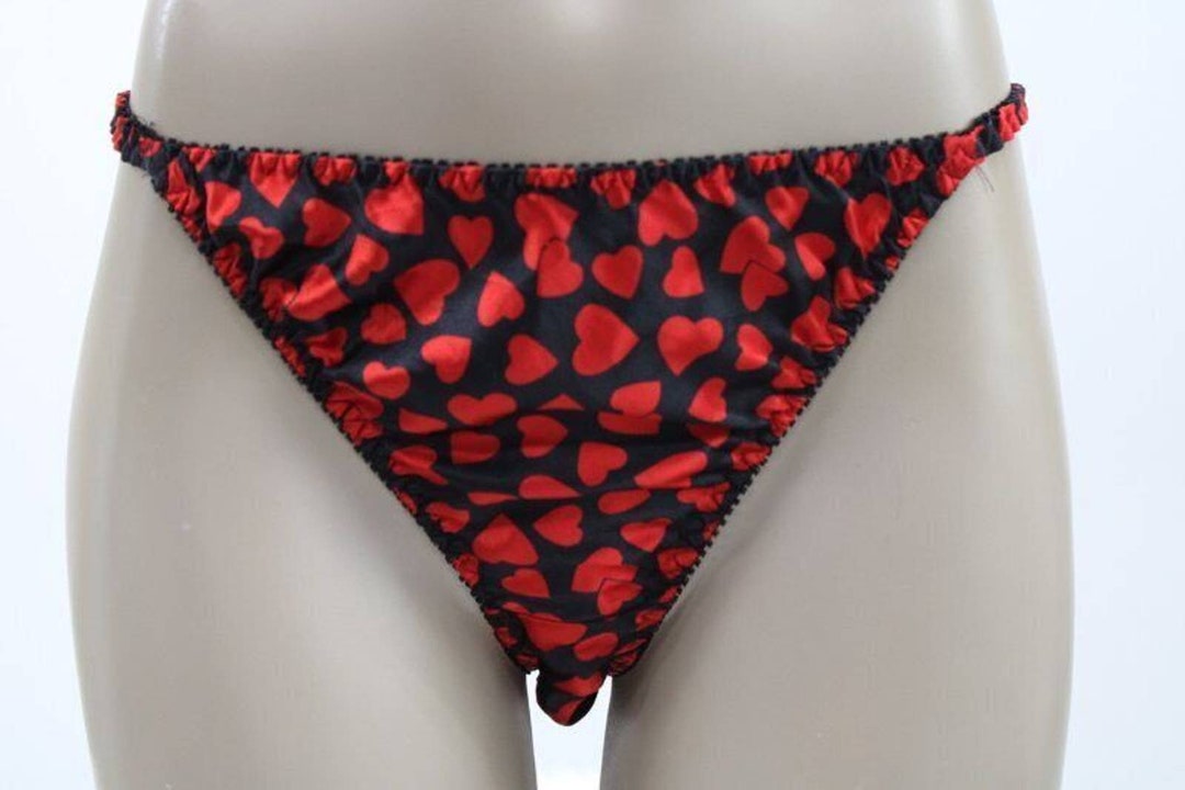 Vintage Avon Satin String Bikini Panties Red Hearts On Black S To M B Etsy