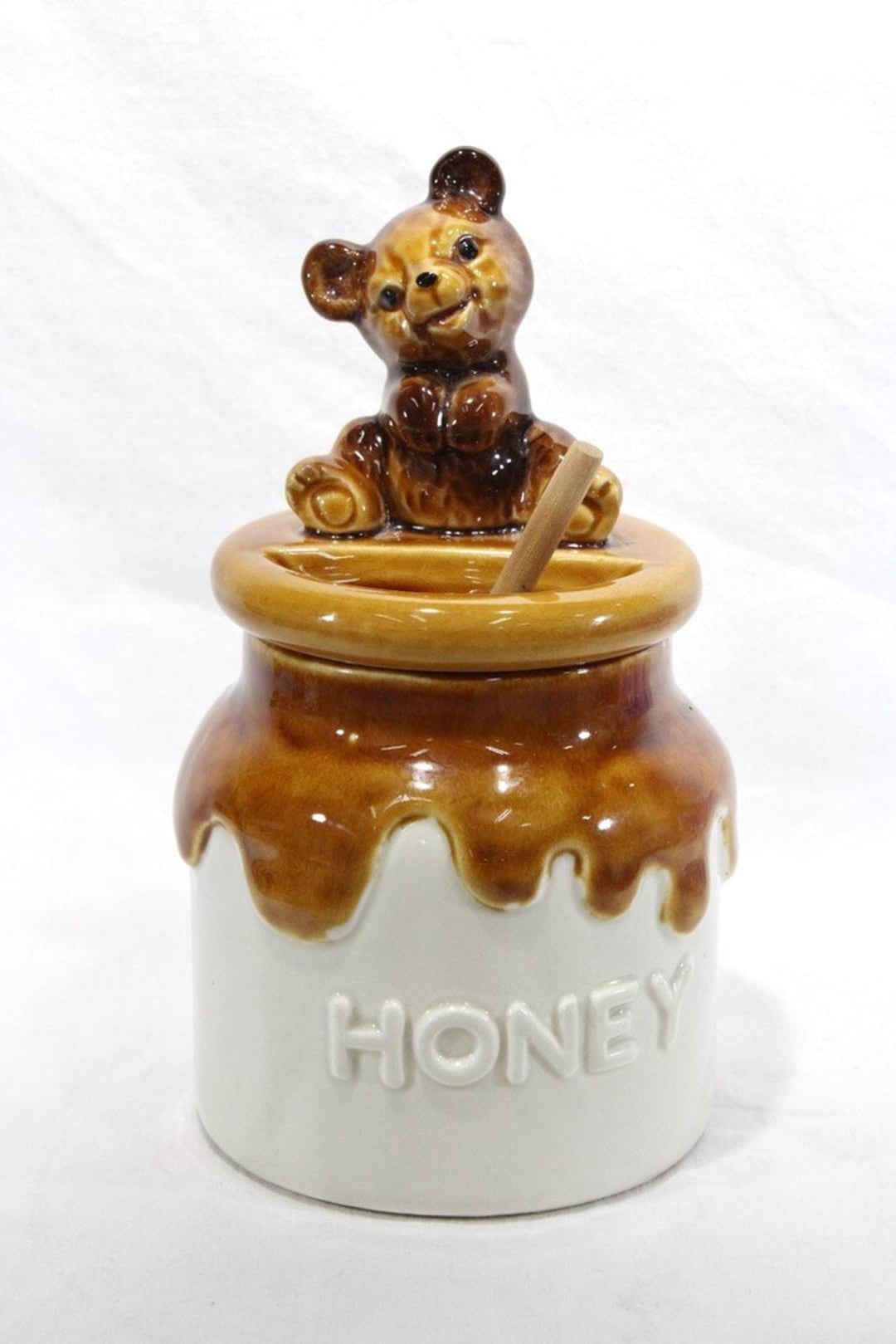 Vintage Honey Pot Teddy Bear With Wooden Dipper White and Brown 7 ...