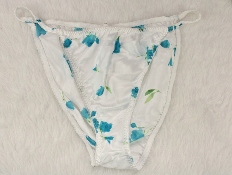Vintage Satin String Bikini Panties Shiny White Blue Roses Flowers L to ...