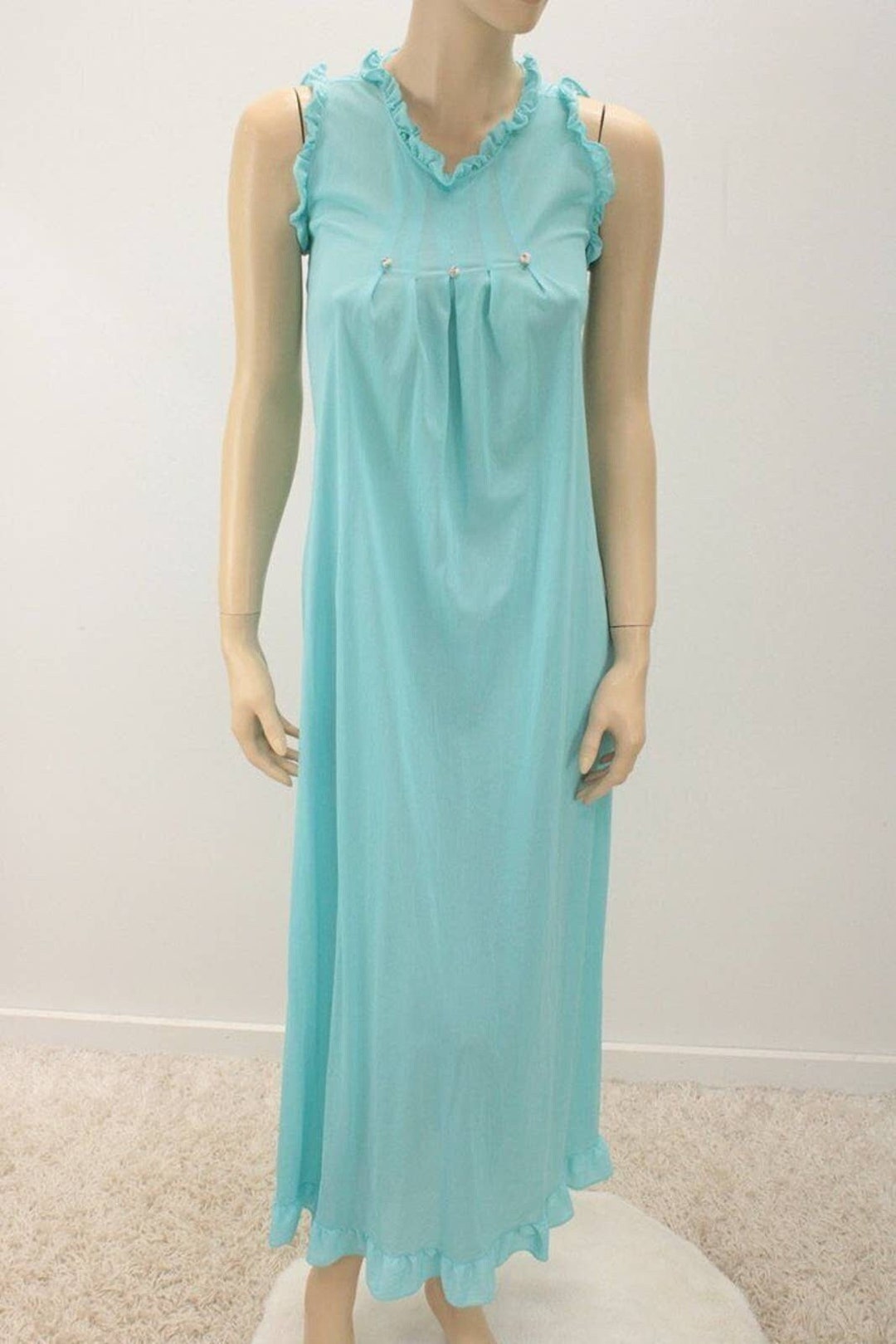 Vintage Avian Long Nightgown Jrs Size 7 Adult XS Sky Blue Nylon Ruffles ...