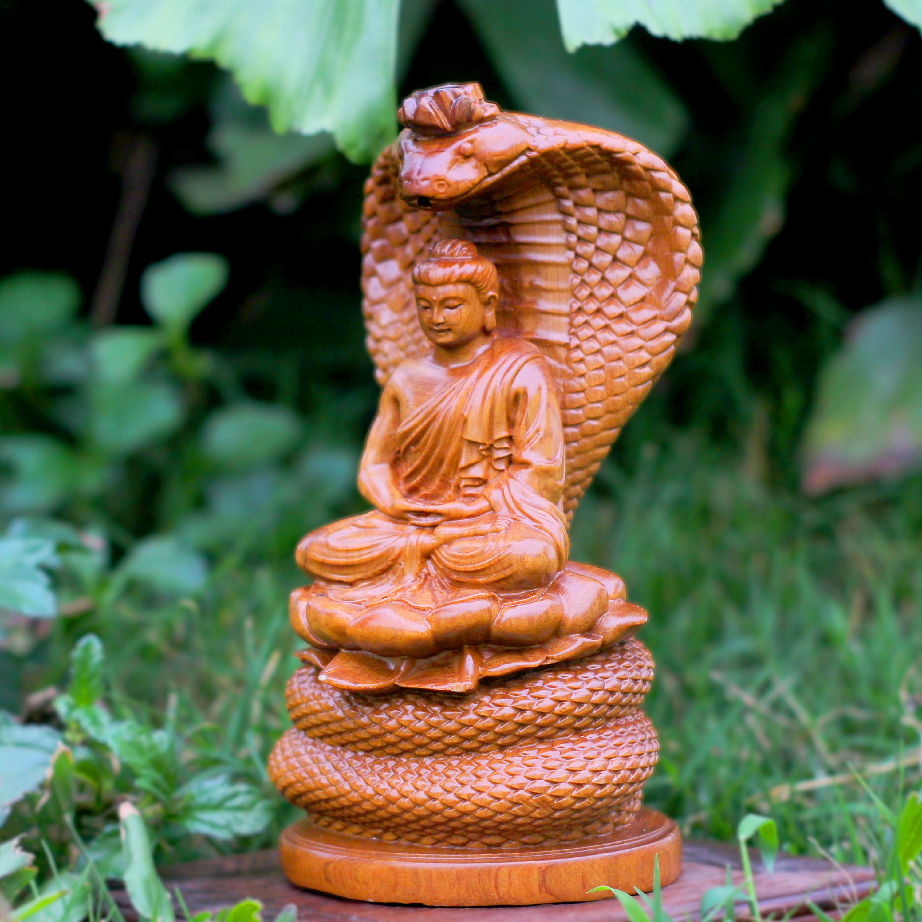 Wooden Shakyamuni Meditating Buddha With Head Snake Guardian Statue ...