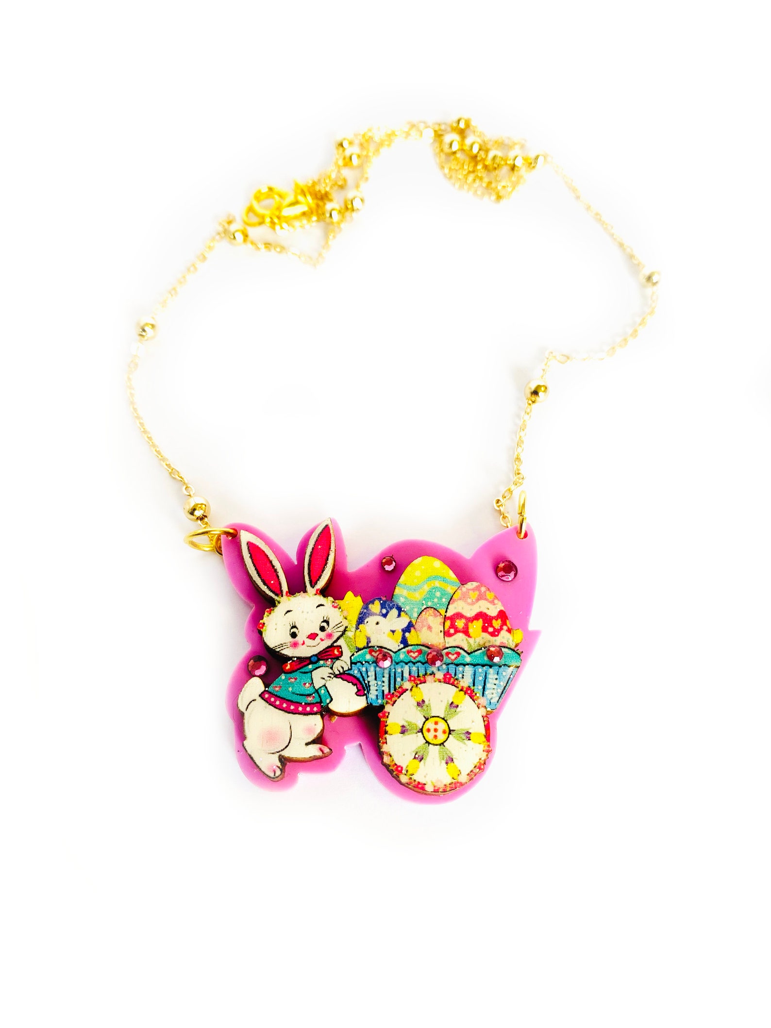 Benny Jay Bunny Easter Necklace: Acrylic Easter Egg Cart Pendant,gold ...