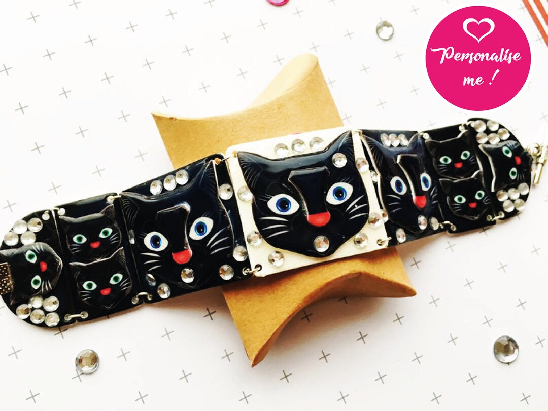 Black Cat Personalised Big Chunky Statement Bracelet Retro Midcentury ...