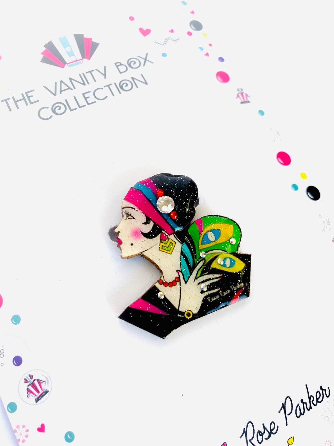 Art Deco Retro Lady Brooch: Handmade Wooden Flapper Pin With Gems ...