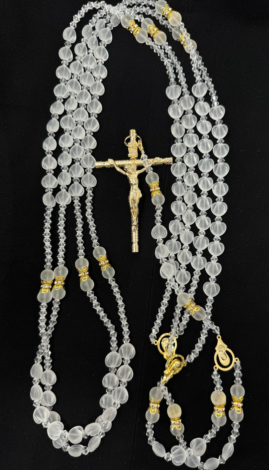 Gold Toned Wedding Rosary Lasso With Heart Beads and Faceted Crystals ...