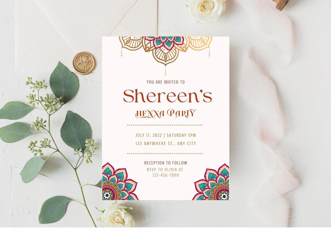 Henna Party Invitation Card in Turquoise, Mehndi Invitation, Customized ...