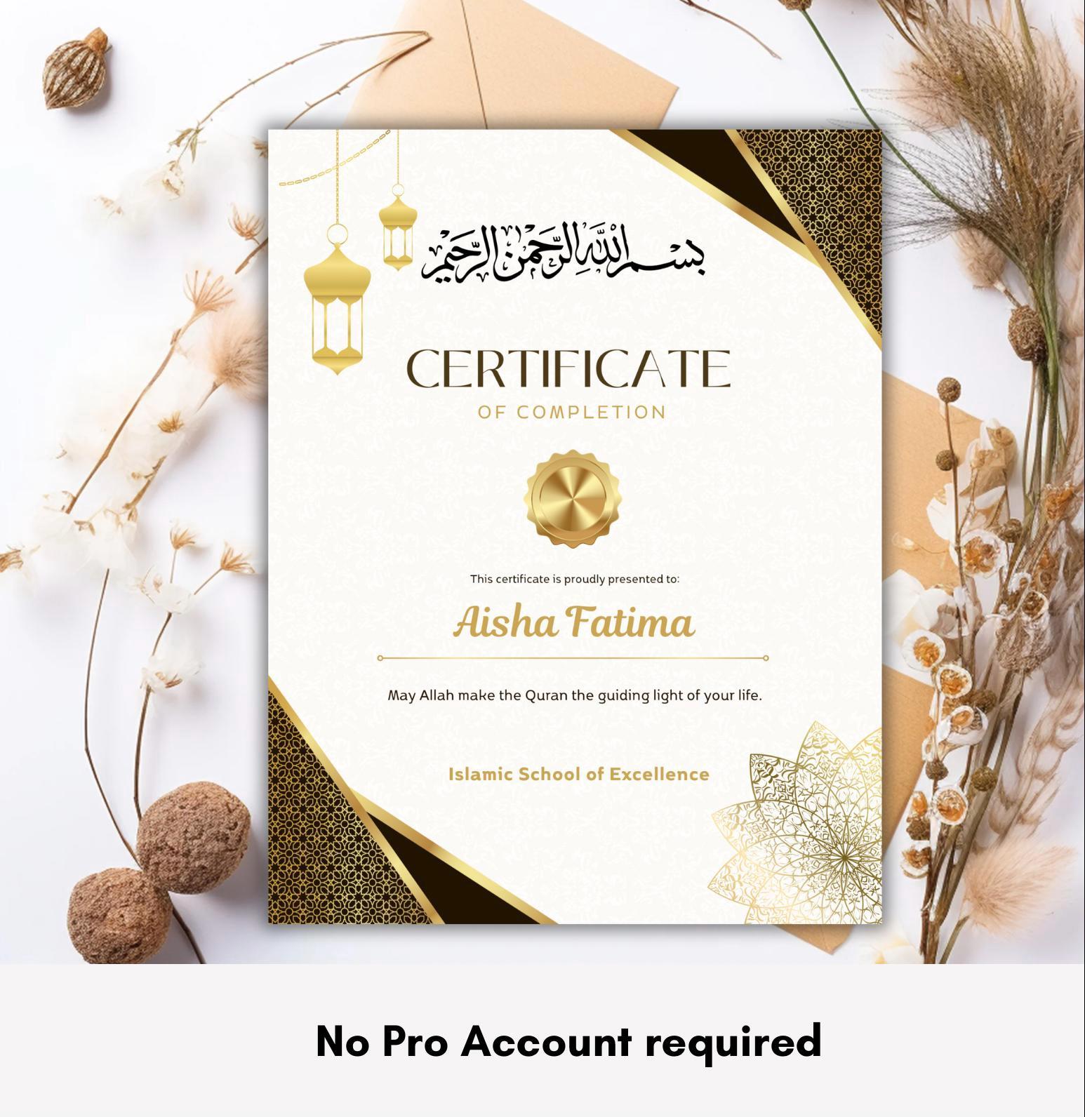 Islamic Certificate, Quran Certificate, Islamic Printable Certificate ...