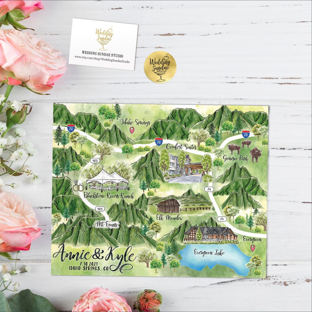 6-7 Locations Custom Watercolor Wedding Map, Personalized Hand Drawn ...