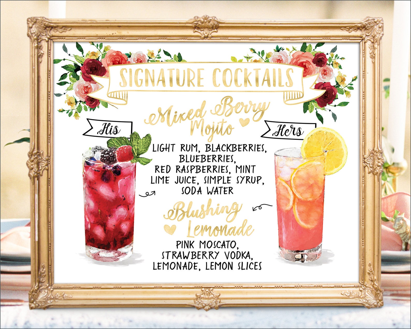 Digital Printable Wedding Bar Menu Sign, Botanical Signature Drinks ...