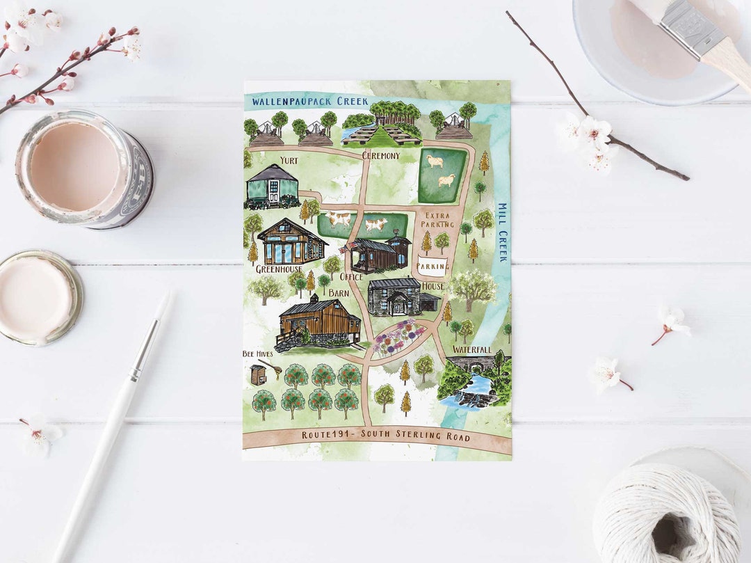 Custom Watercolor Wedding Map: Hand Drawn Farm Itinerary, 12-13 ...