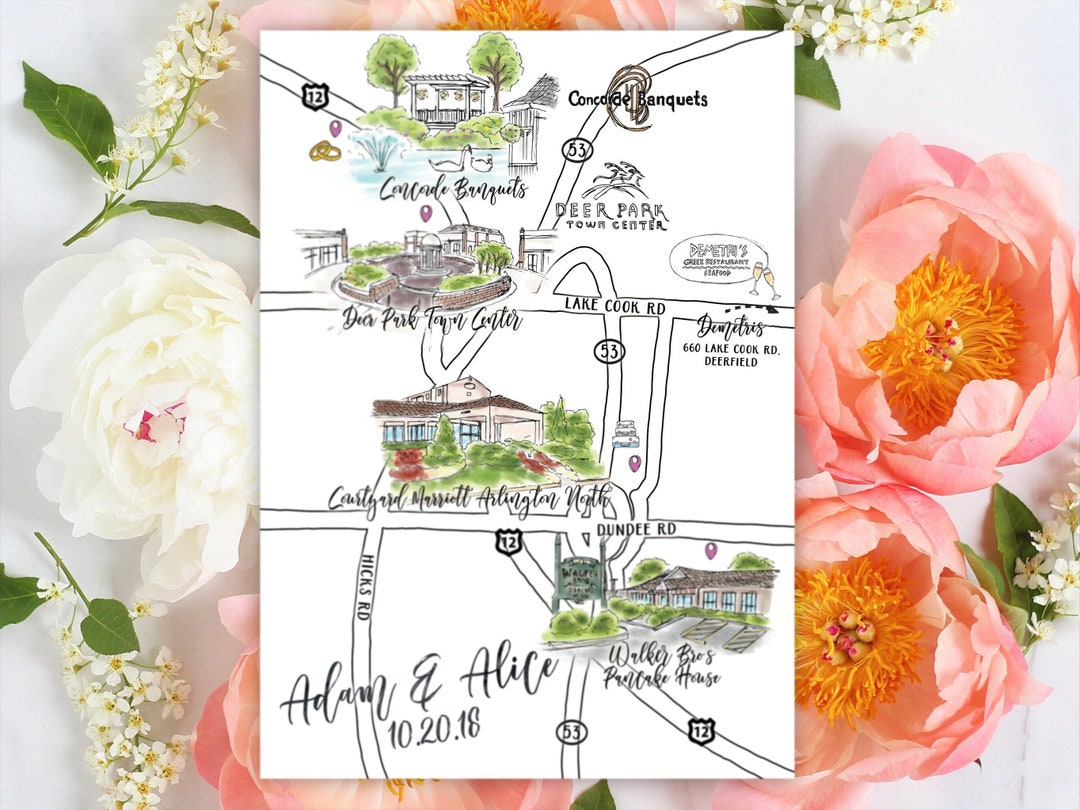Custom Watercolor Wedding Map, Personalized Hand Drawn Wedding Map for ...