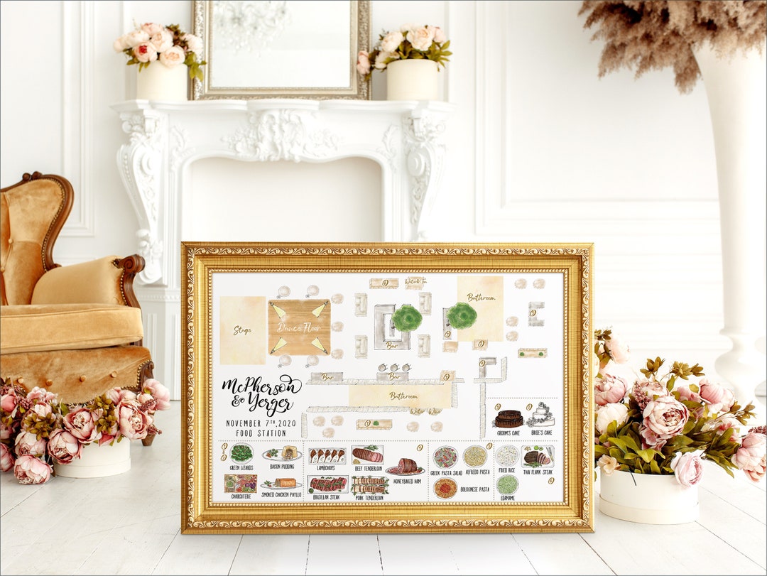 Custom Watercolor Wedding Reception Map, Food Station Sign, Food Menu ...