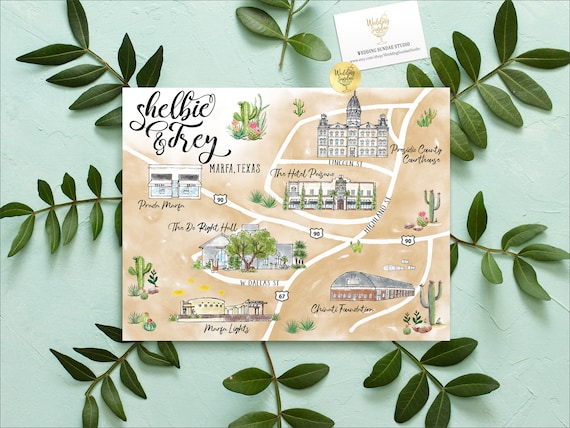 Custom Watercolor Wedding Map Marfa Texas Map Personalized | Etsy