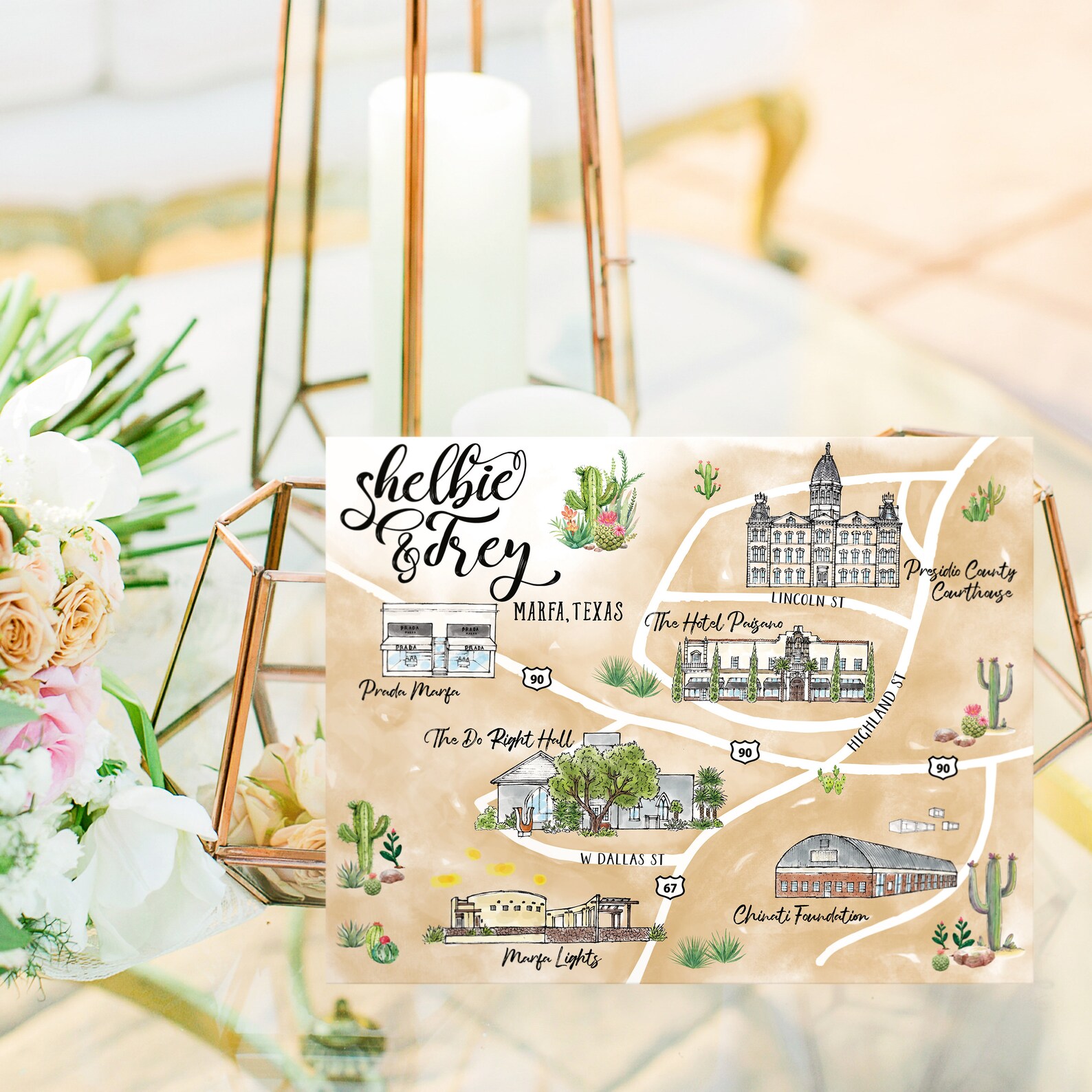 Custom Watercolor Wedding Map Marfa Texas Map Personalized | Etsy