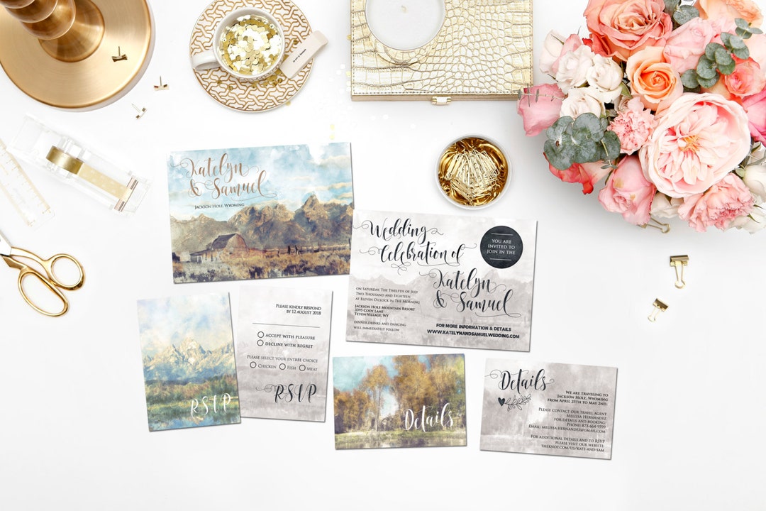 Mountain Wedding Invitation Set: Watercolor Jackson Hole (digital ...