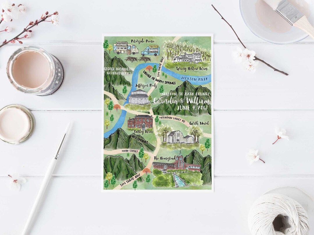 Custom Watercolor Wedding Map, Personalized Hand Drawn Wedding Map for ...