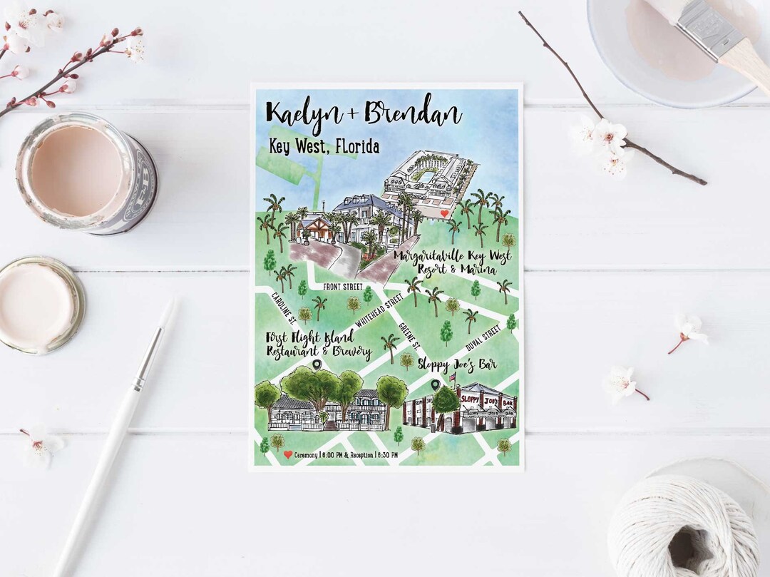 Custom Watercolor Wedding Map: Key West, Florida (4-5 Locations ...