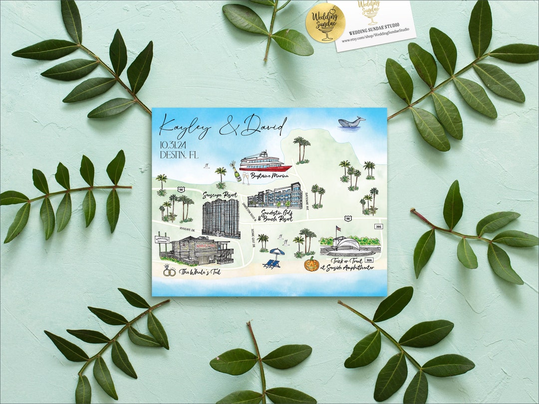 Custom Watercolor Wedding Map, Personalized Hand Drawn Destin Florida ...