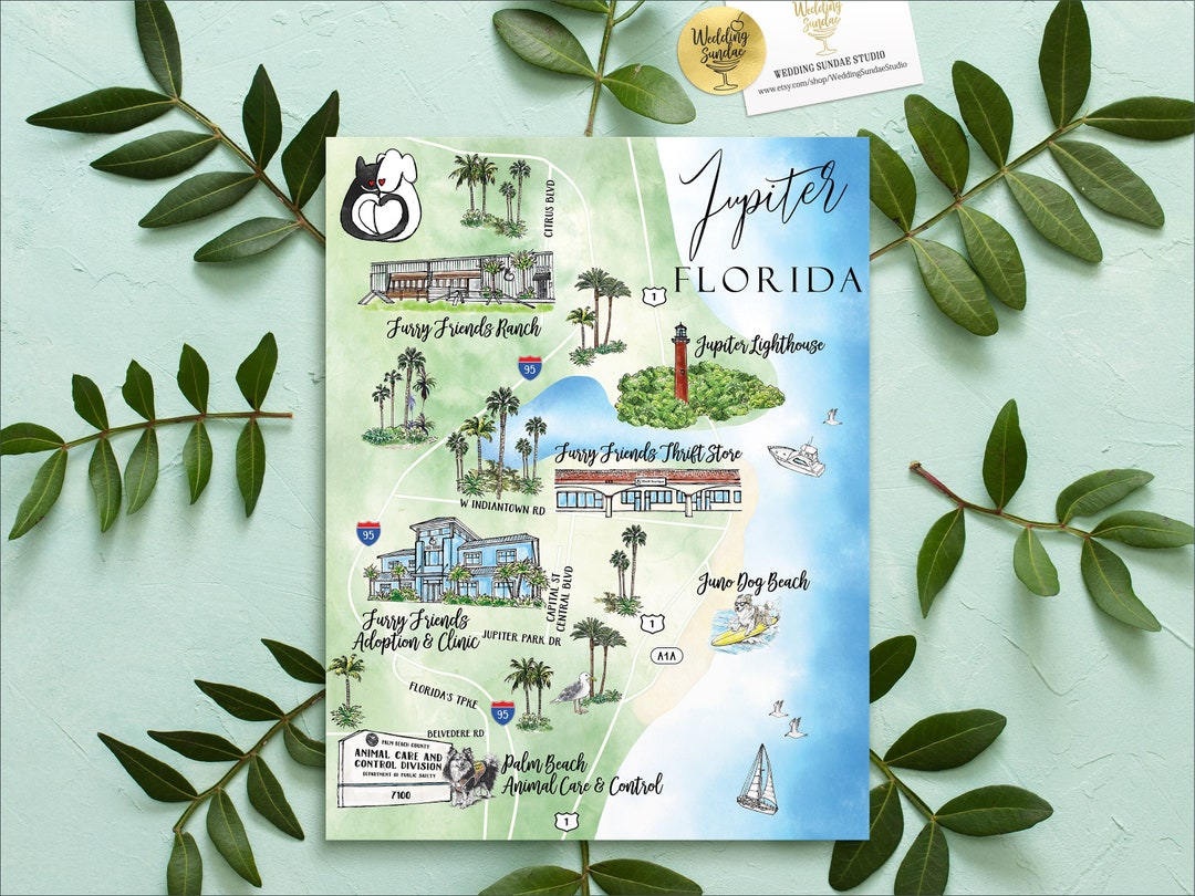 Custom Watercolor Wedding Map: Jupiter Florida, 6-7 Locations (digital ...