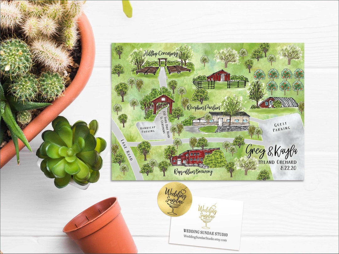 6-7 Locations Custom Watercolor Wedding Map, Personalized Hand Drawn ...