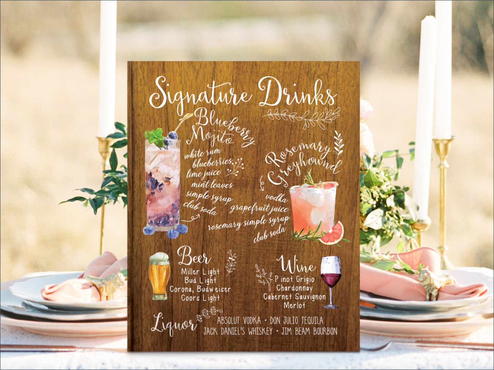 Digital Printable Wedding Menu Sign Watercolor Wedding Bar | Etsy