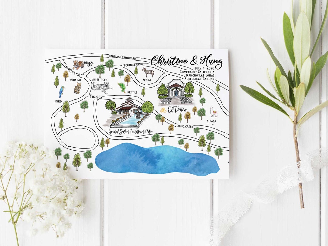 4-5 Locations Custom Watercolor Wedding Map, Personalized Hand Drawn ...