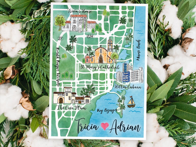 Custom Watercolor Wedding Map Personalized Hand Drawn Wedding - Etsy