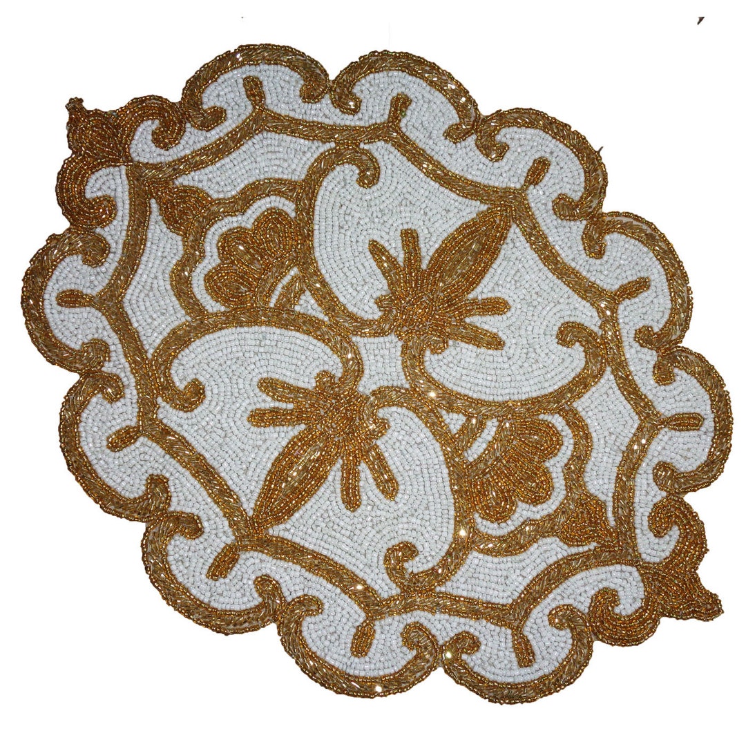 Beaded Table Mat Centre Piece Plate Charger Handmade White, Golden ...