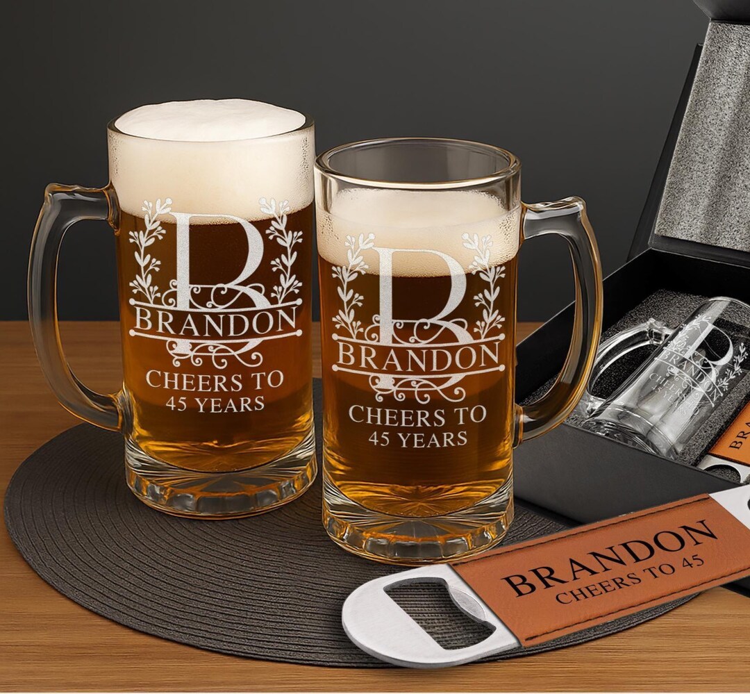 Personalized Beer Mug Gift Set – Engraved Mugs, Bottle Opener ...