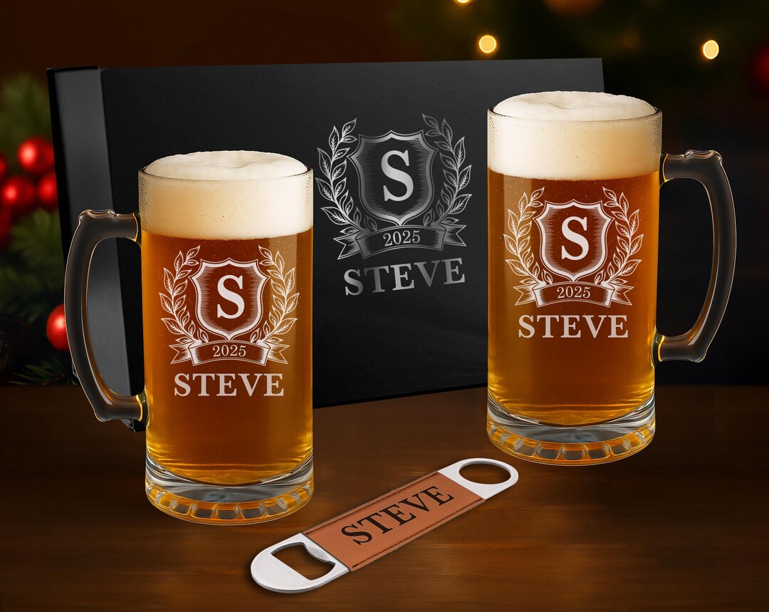 Personalized 2 Beer Mugs Gift Set Engraved Beer Bottle Opener ...