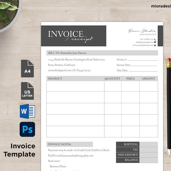 Invoice Receipt Form Photoshop Template - Etsy