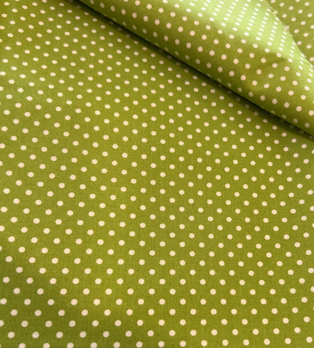 Small White Polka Dots on a Lime Green Background. Cotton Fabric Sold ...